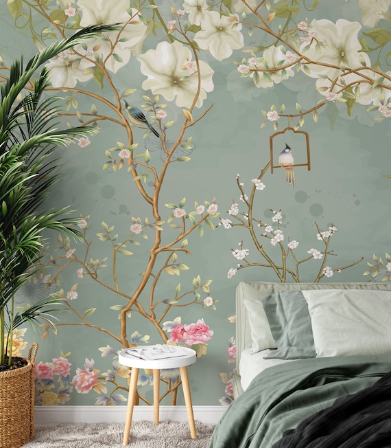 Chinoiserie Magnolia Wallpaper Mural Traditional White Flowers Chinoiserie Wallpaper Removable Peel Stick Wallpaper Floral Design Mural Etsy