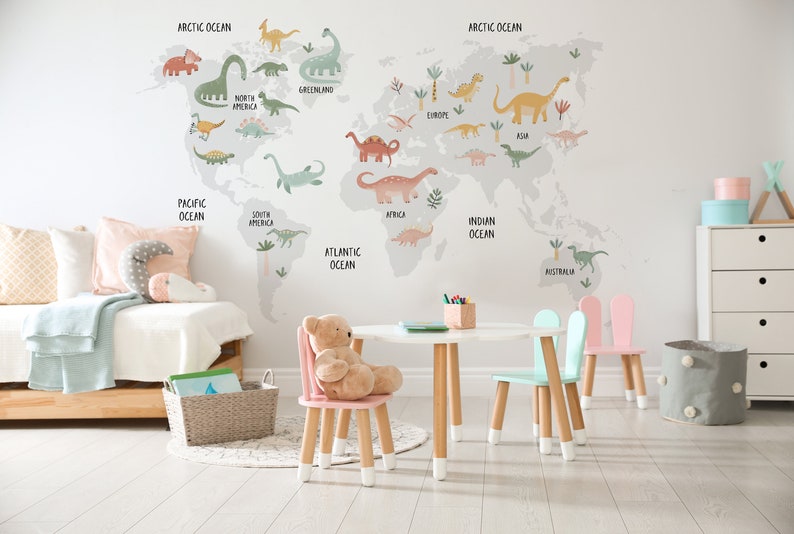 Dinosaur World Map Reusable Peel & Stick Dinosaur Wallpaper | Etsy