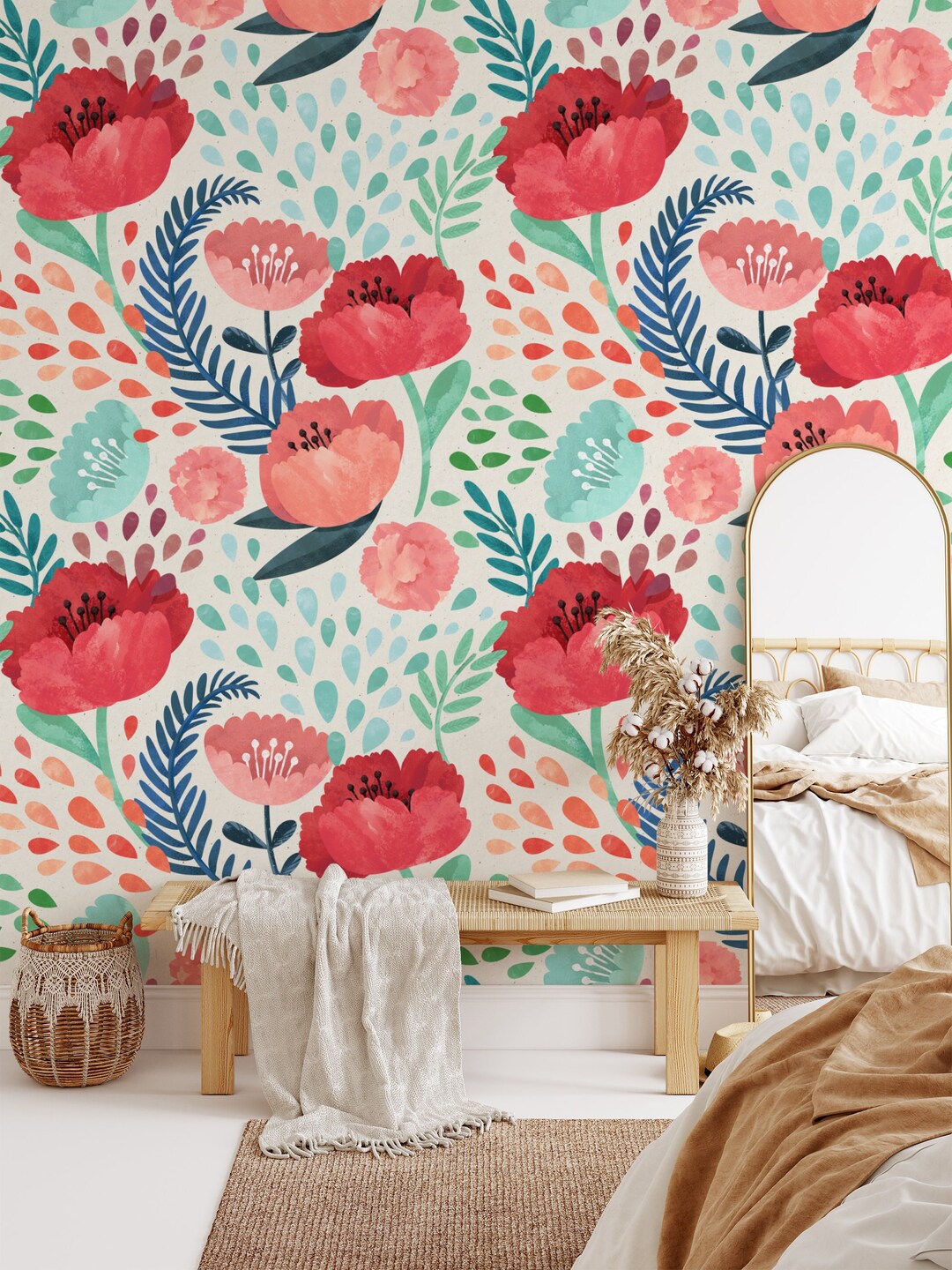 Poppy Watercolour Flower Wallpaper, Peel and Stick Floral Wallpaper ...