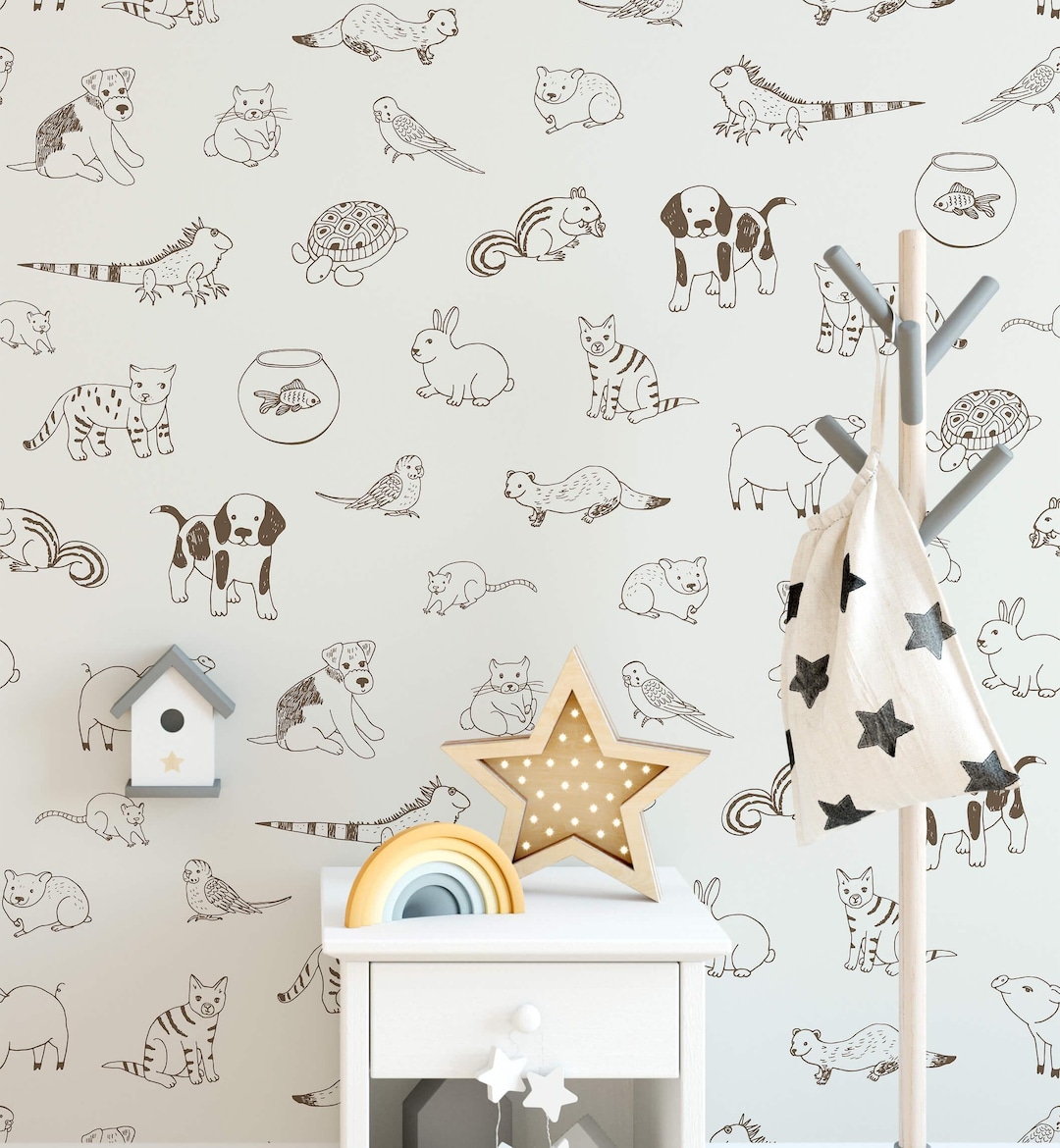 Pet Animal Doodle Wallpaper for Kids’ Room, Nursery, Cute Cartoon ...