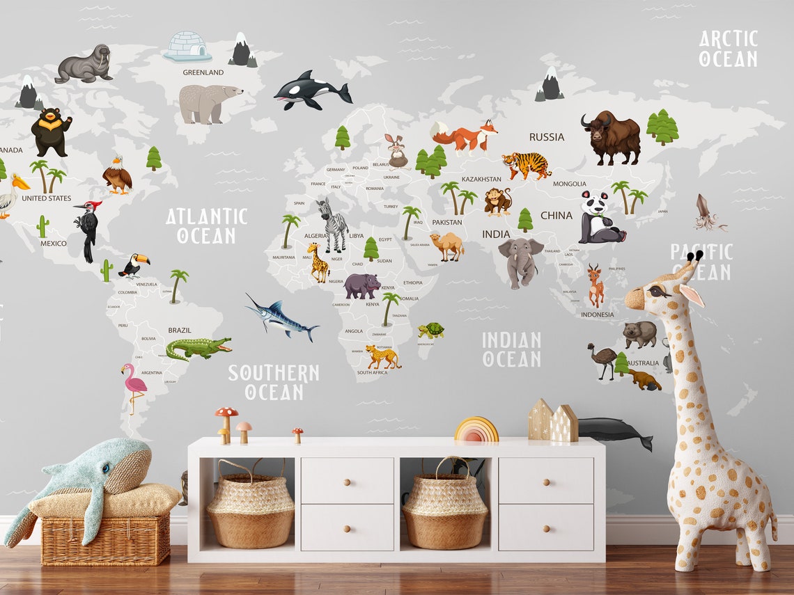 Safari World Map Wallpaper for Nursery XXL Peel & Stick | Etsy