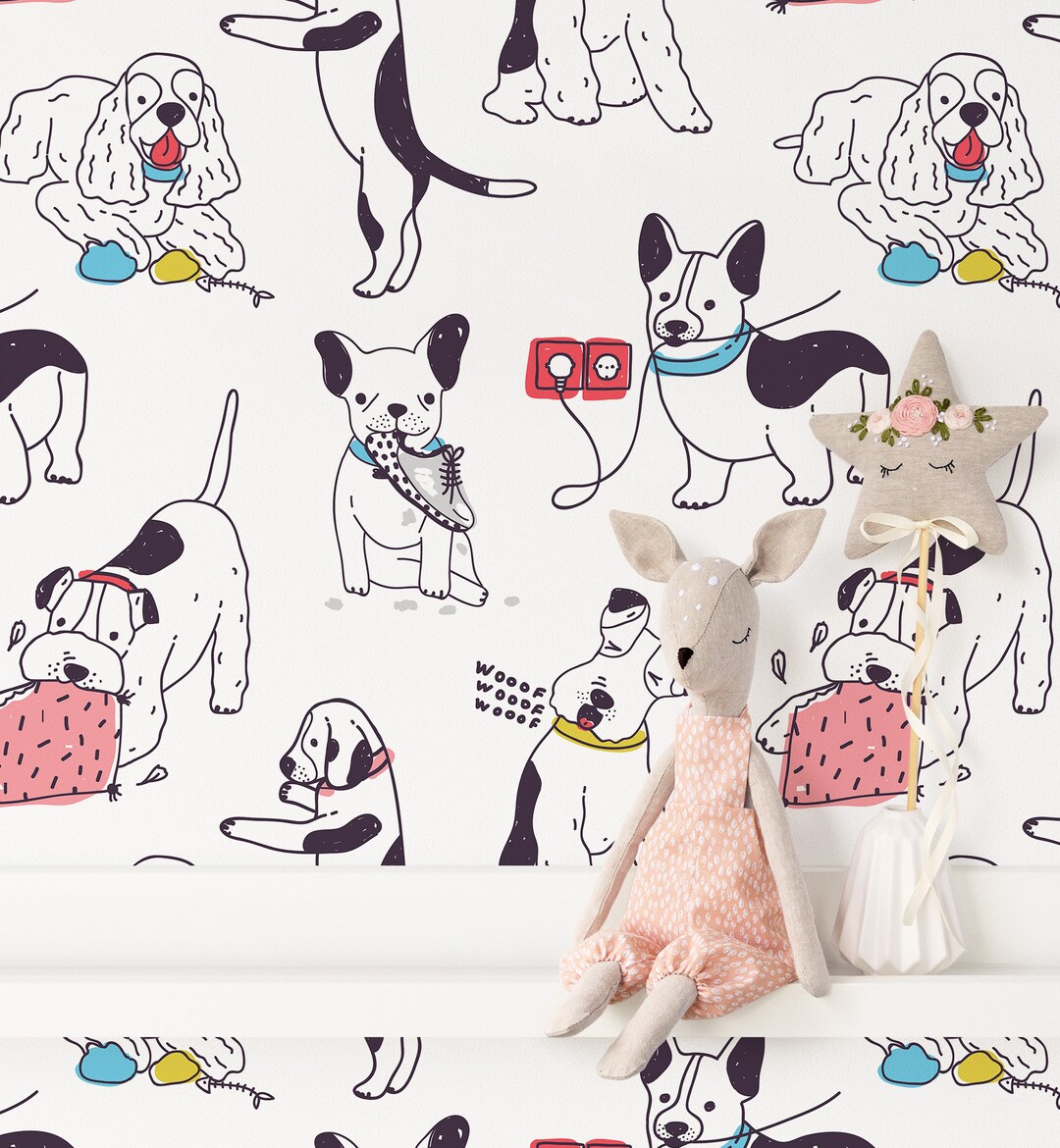 Color Pop Doodle Dog Mural Peel and Stick Playful Dog Wallpaper ...