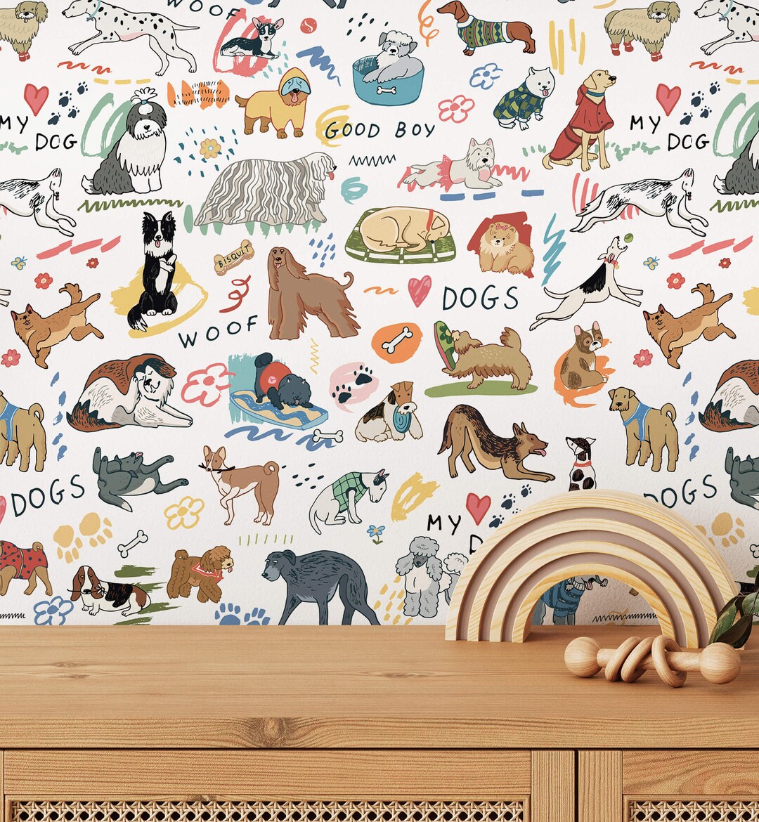 Self-adhesive Peel & Stick Wallpaper, Colorful Cartoon Dog Wallpaper ...