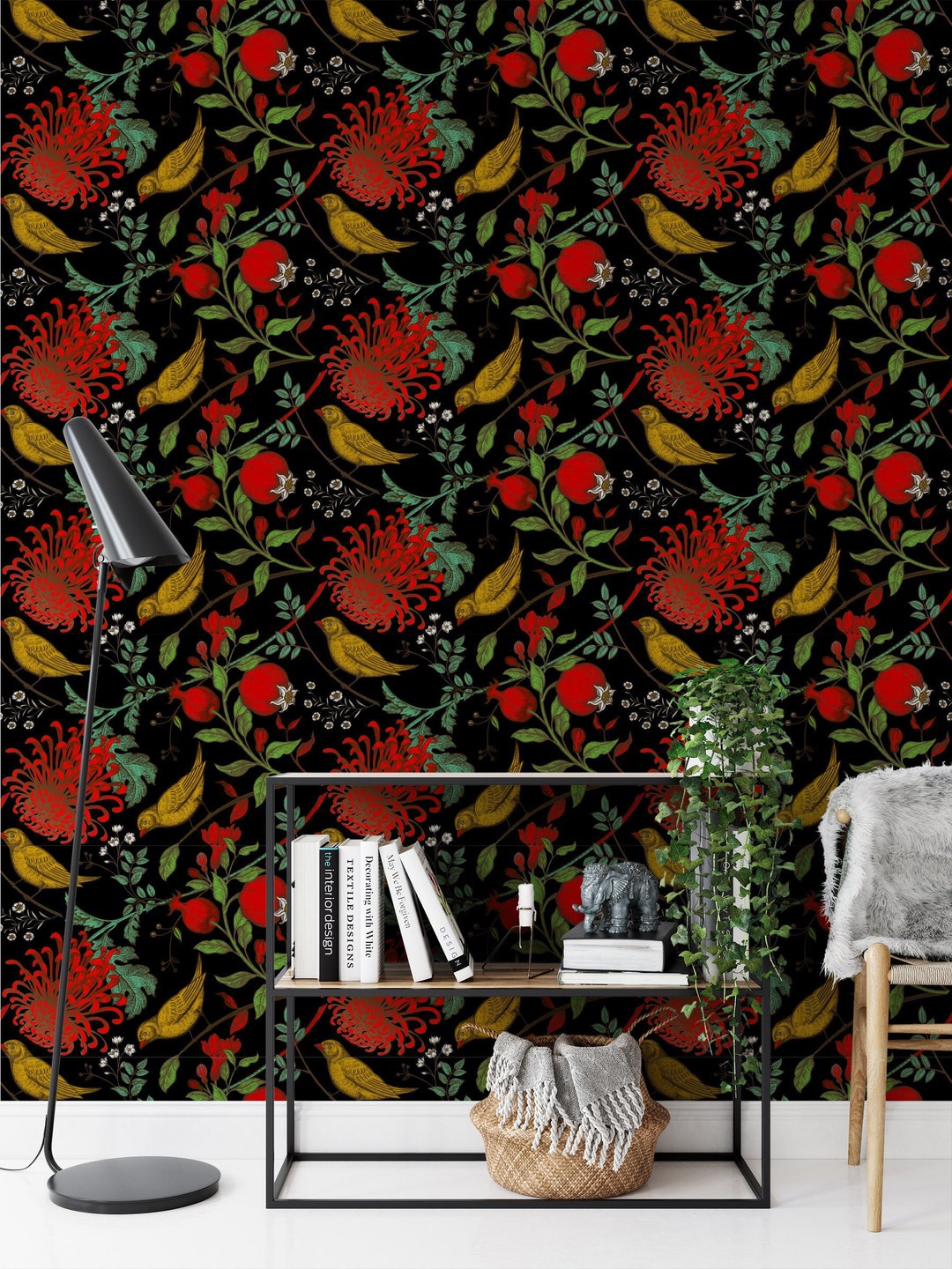 Red Victorian Bold Floral Wallpaper | Birds and Flower Removable ...