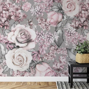 Grey and Pink Rose Flower Wallpaper, Removable Peel & Stick Wallpaper ...
