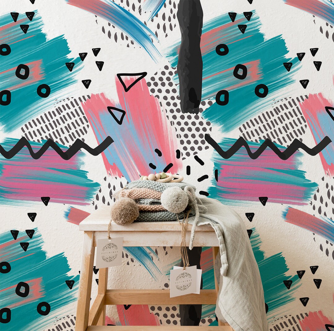 Brush Strokes & Geometric Shapes Mural, Blue Color Funky Wallpaper ...