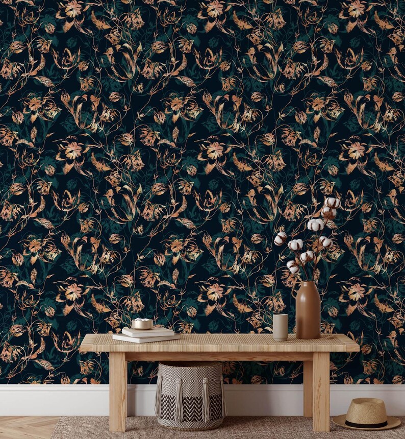 Black and Gold Floral Wallpaper, Removeable Peel and Stick Flower ...