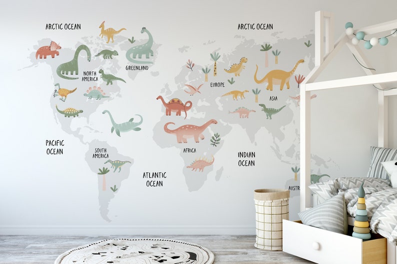 Dinosaur World Map Reusable Peel & Stick Dinosaur Wallpaper | Etsy
