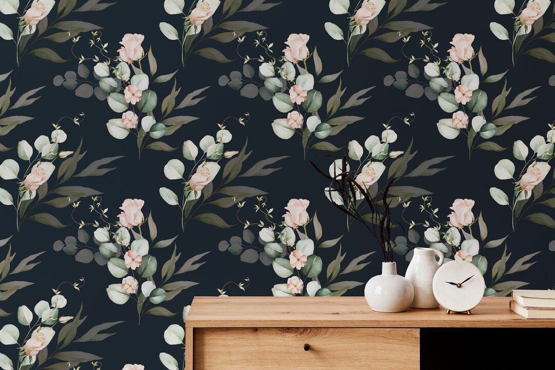 Customized Navy Floral Botanical Wallpaper, Moody Peel and Stick ...