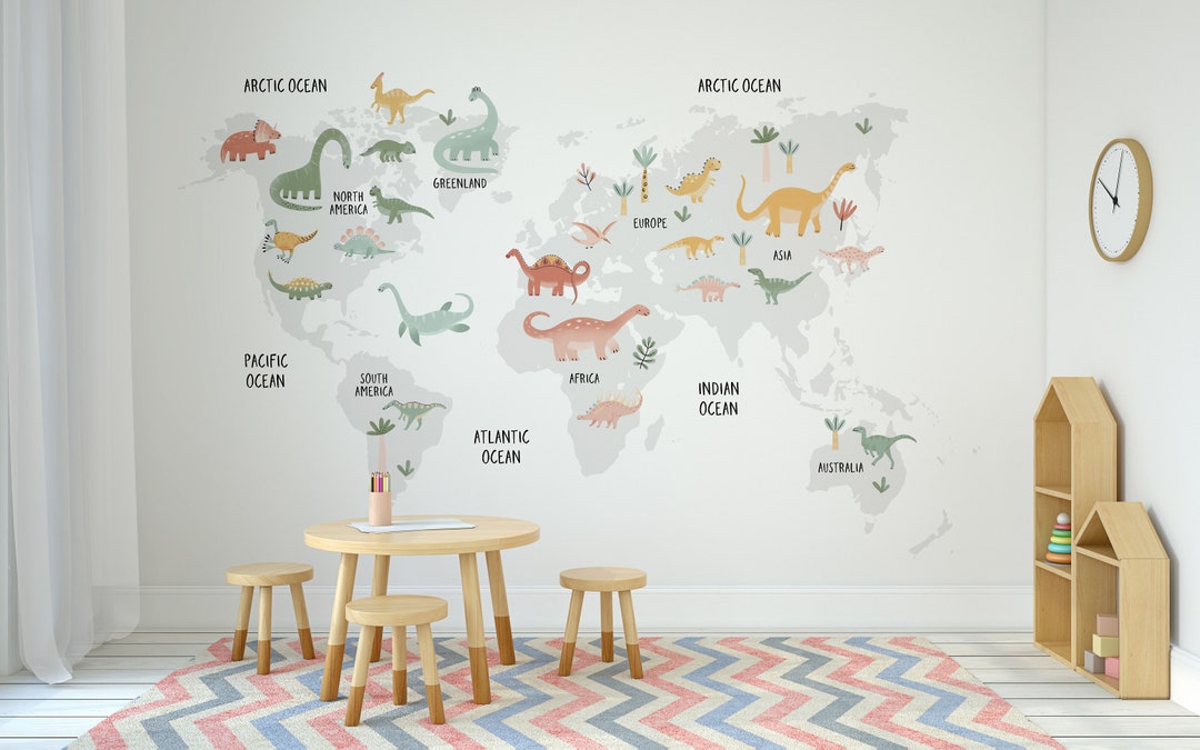 Dinosaur World Map Peel and Stick Wallpaper | Educational Nursery Wall ...