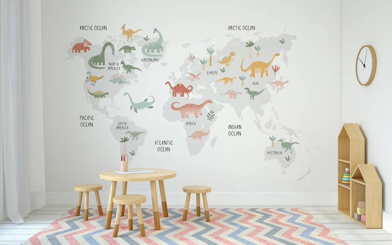 Dinosaur World Map Reusable Peel & Stick Dinosaur Wallpaper | Etsy