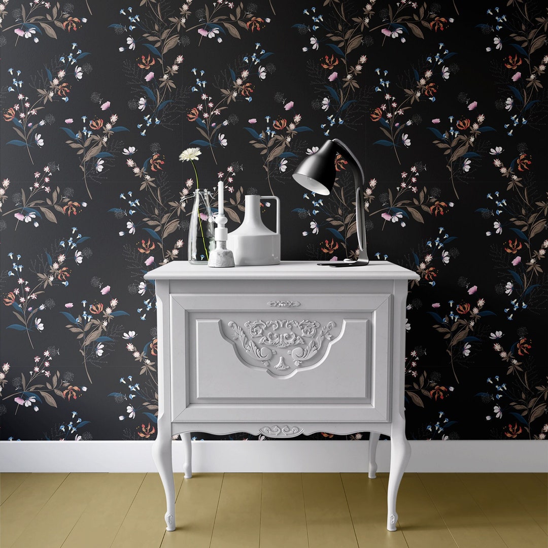 Dark Floral Removable Wallpaper | Modern Botanical Art Wallpaper for ...