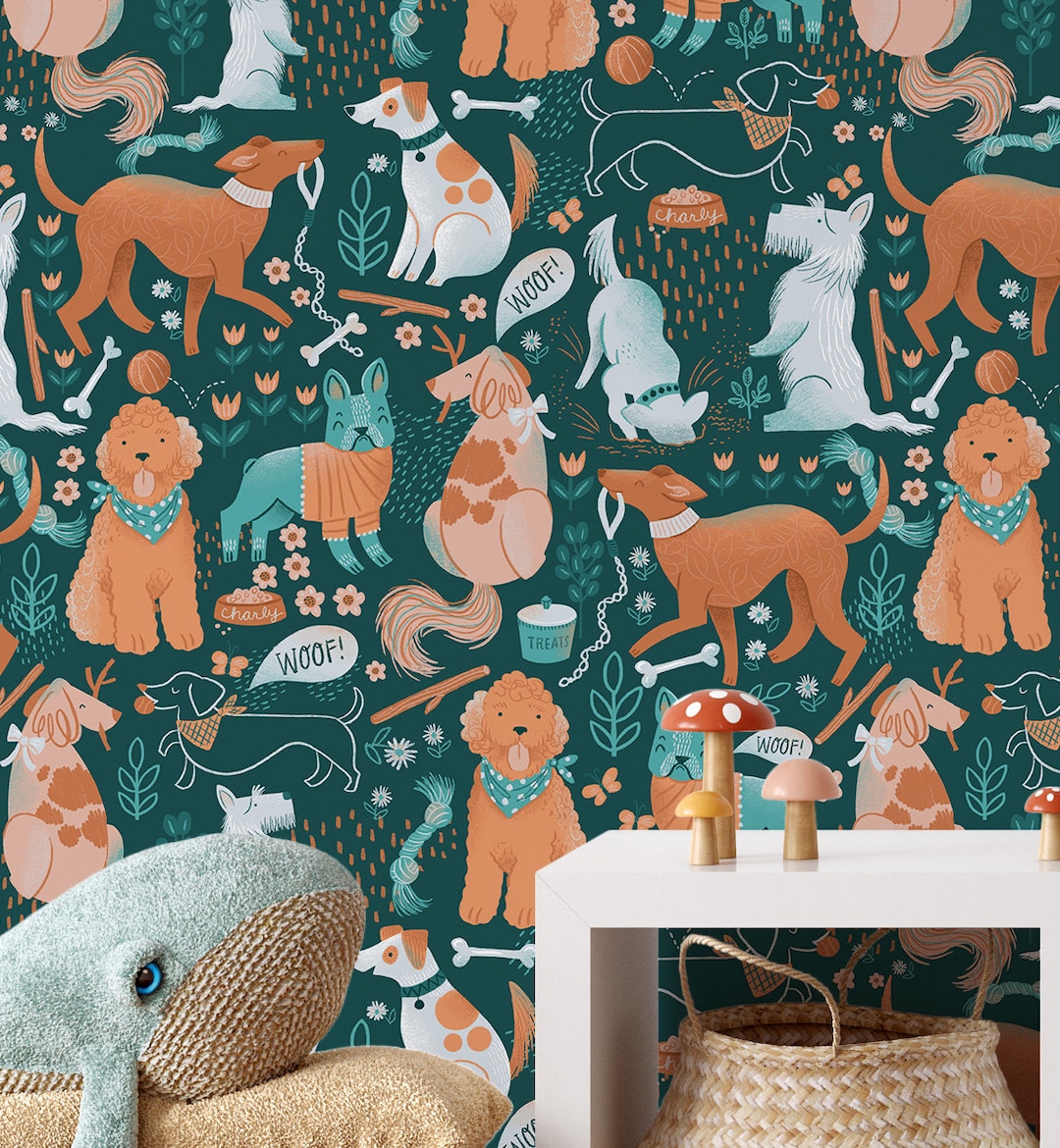 Cartoon Dog Wallpaper for Nursery, Playroom, Seamless Pattern Colorful ...