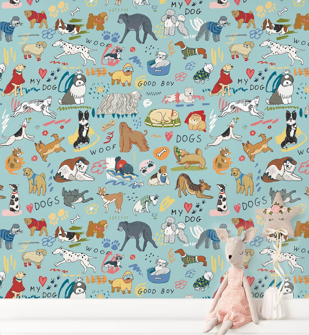 Dog Funny Colorful Seamless Pattern Wallpaper, Cute Animal Drawing ...