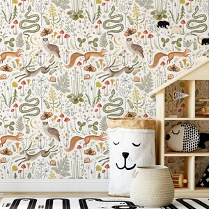 Woodland Creatures Peel & Stick Nursery Wallpaper | Full Boho Animals ...