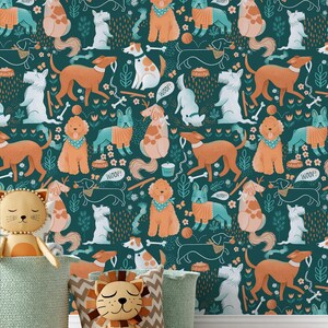 Cartoon Dog Wallpaper for Nursery, Playroom, Seamless Pattern Colorful ...