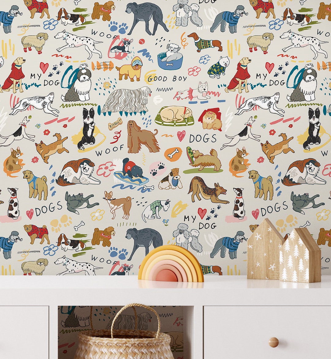 Mix Breed Dog Wallpaper, Peel & Stick Dog Mural, Bright Color Wallpaper ...