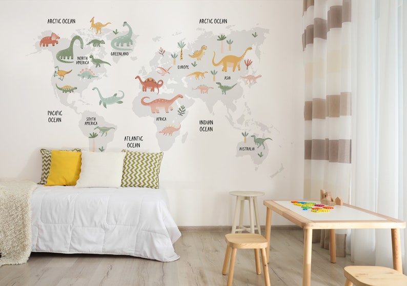 Dinosaur World Map Reusable Peel & Stick Dinosaur Wallpaper | Etsy