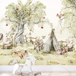 Jungle Paradise Kids Safari Animal Wallpaper | Watercolor Forest ...