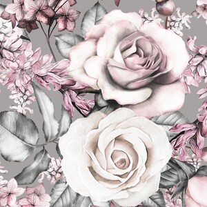 Grey and Pink Rose Flower Wallpaper, Removable Peel & Stick Wallpaper ...