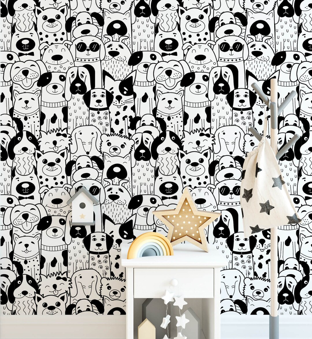 Large Patchwork Dog Wallpaper, Dog and Cat Seamless Wall Art, Whimsical ...