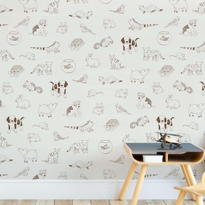 Pet Animal Doodle Wallpaper for Kids’ Room, Nursery, Cute Cartoon ...