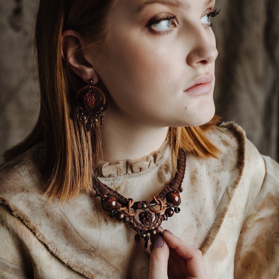 Boho Macrame Jewelry Set, Rustic Leather Cord Bib Necklace and Dangle ...