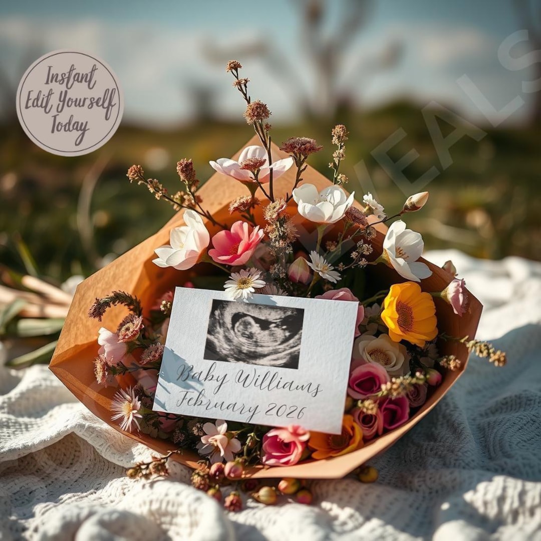 Pregnancy Announcement Flower Digital Template Pregnancy Editable Photo ...