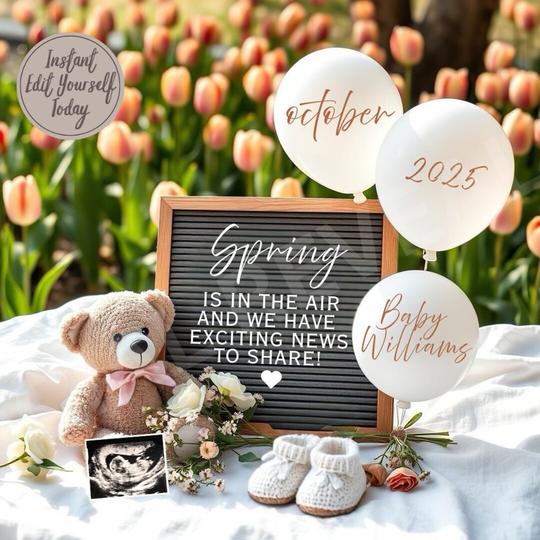 Spring Pregnancy Announcement Digital Template Pregnancy Editable Photo ...