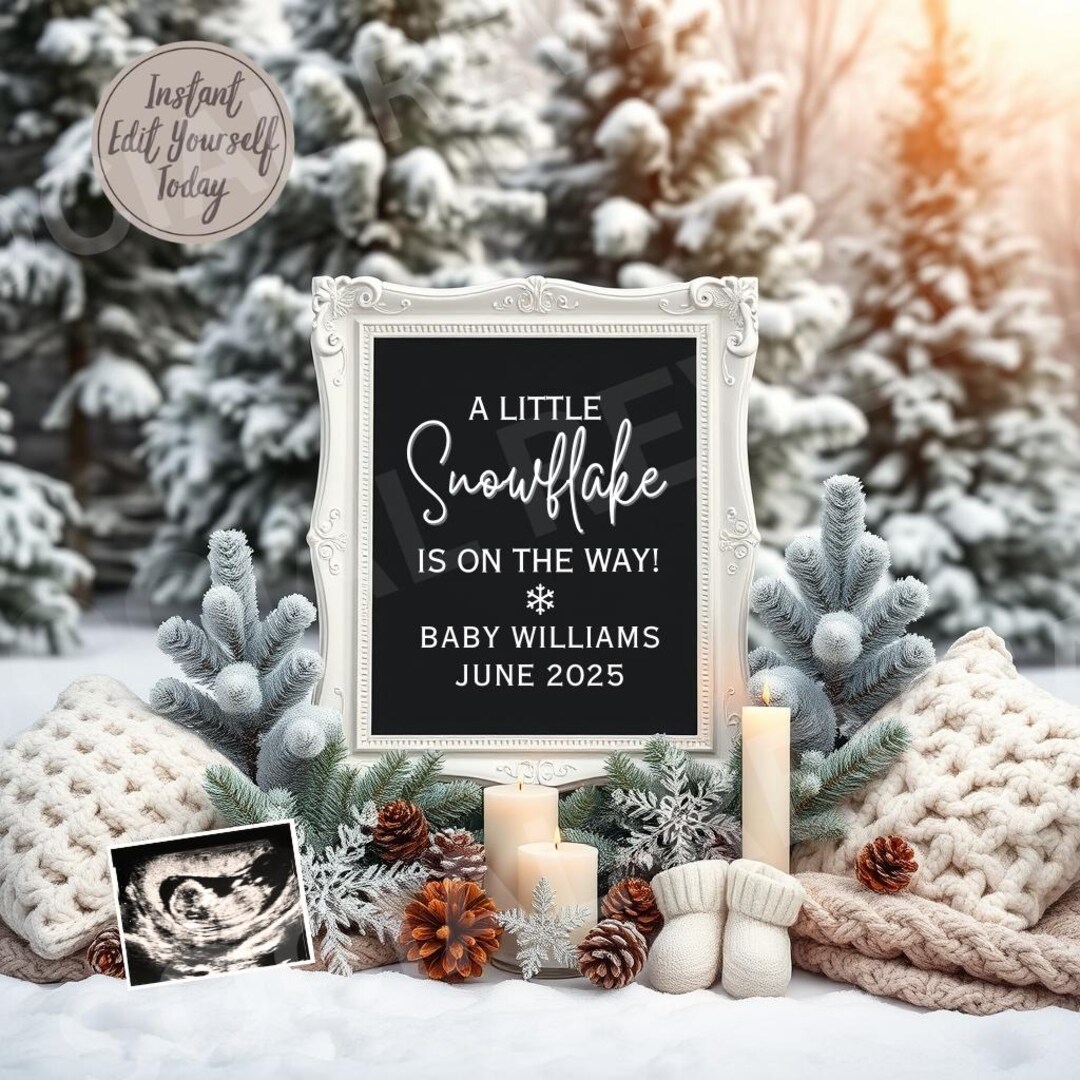 Winter Pregnancy Announcement: Snow Theme, Editable Photo (digital ...