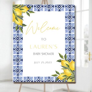 Lemon Blue Tile Baby Shower Welcome Sign Template, Positano Italy Baby ...