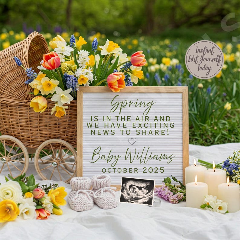 Floral Spring Pregnancy Announcement Template: Editable Social Media ...