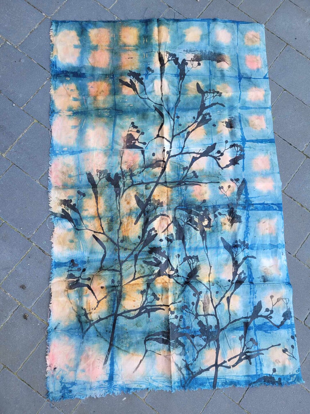 INDIGO CHECK AND Branches . Pure Linen , Hand Printed , Fabric Piece ...