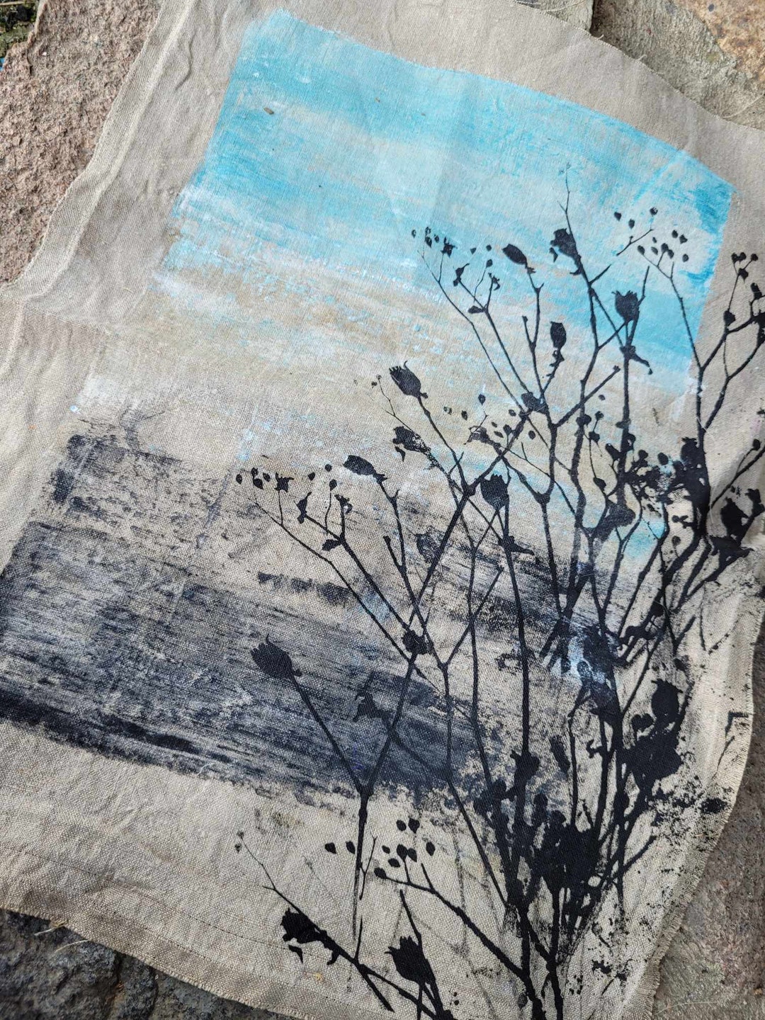 Landscape With ROUGH WATER. Pure Linen , Hand Printed , Fabric Piece ...