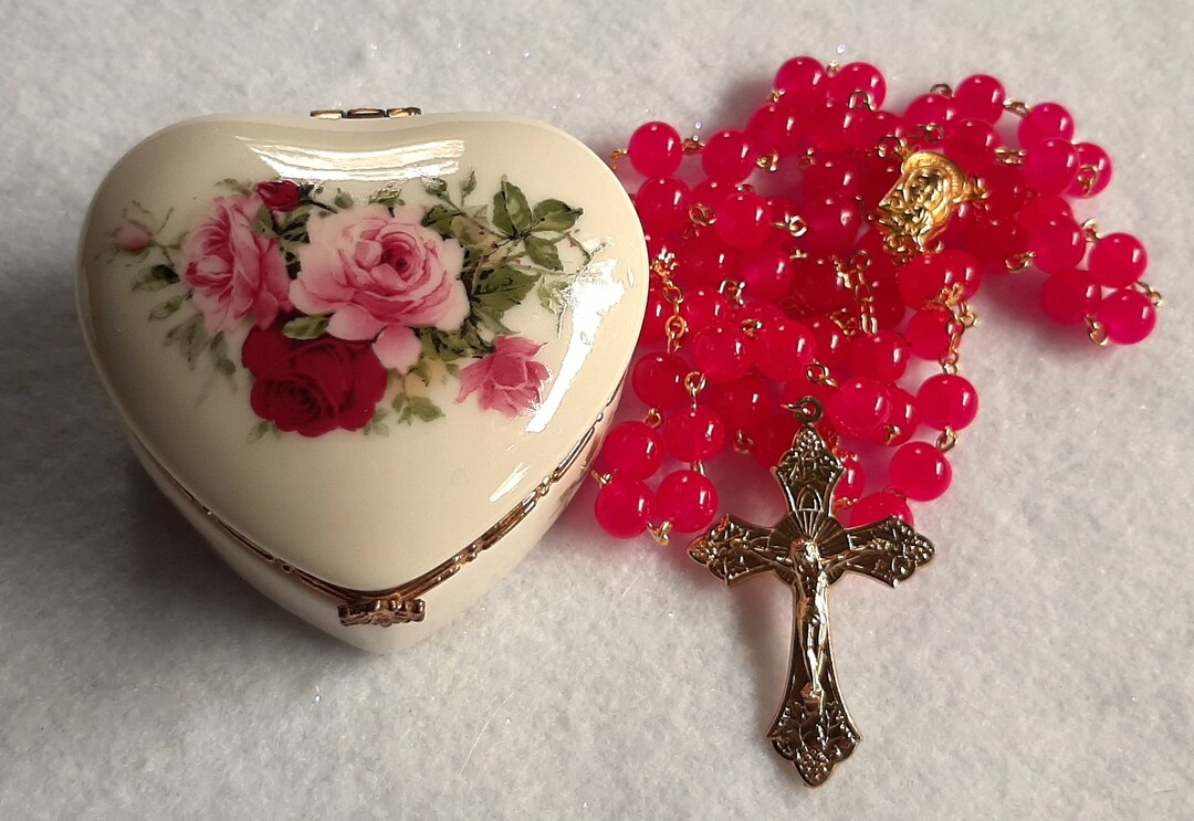 Bright Pink Rosary in Gold With Hinged Ceramic Floral Trinket Box - Etsy