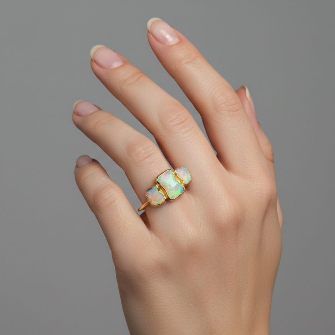 Raw Opal Ring, Three Stone Opal Engagement Ring, Gold Dip Ring - Etsy