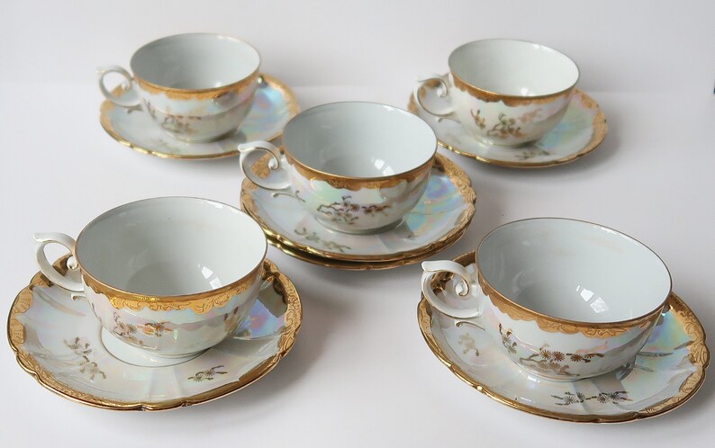 Vintage OSCAR SCHLEGELMILCH Porcelain Gilding Tea Coffee Set 5 Cups 6 Saucers Retro 50s 60s East ...