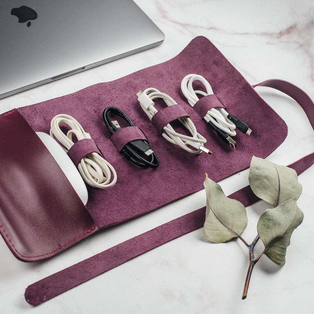 Leather Cable Organizer, Cord Roll, Laptop Charger Storage, Travel Tech ...