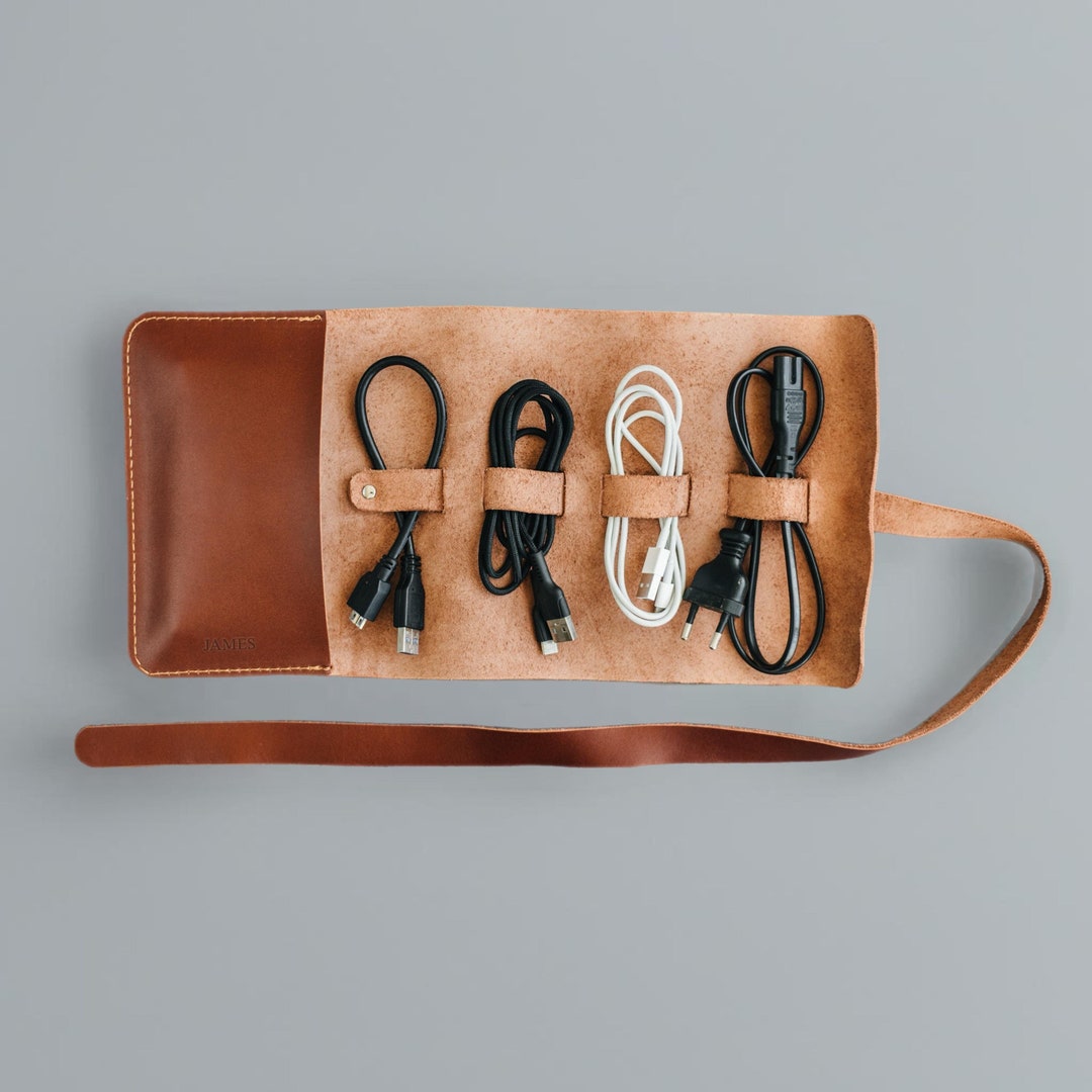 Leather Cable Organizer Wrap, Travel Charger Bag Personalized, Custom ...