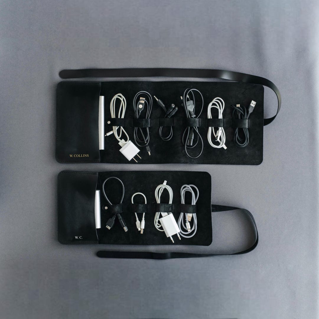 Leather Cable Organizer, Personalized Cord Roll, Charger Storage ...