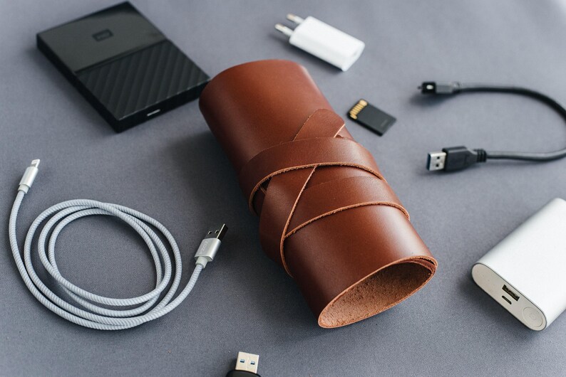 Leather Cord Organizer, Custom Embossed Cable Roll, Travel Charger ...