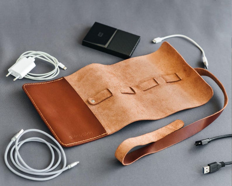 Leather Cable Roll, Tech Organizer, Travel Accessories for Men, Charger ...