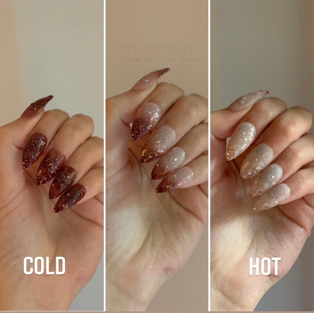 Temperature Color Changing Nails Glitter Brown White Nails - Etsy