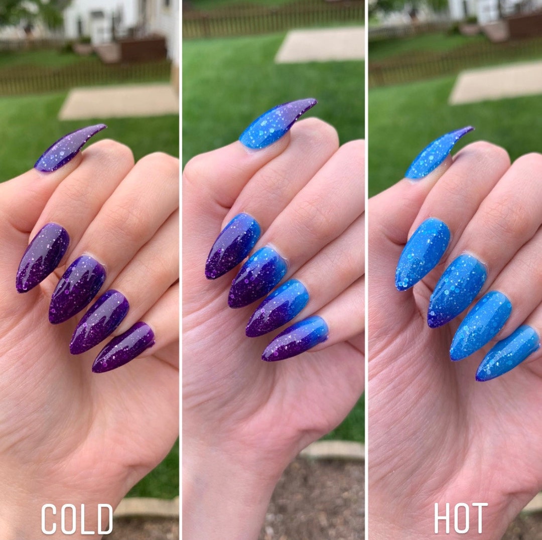Temperature Color Changing Nails Glitter Purple Blue Nails Neon Green ...