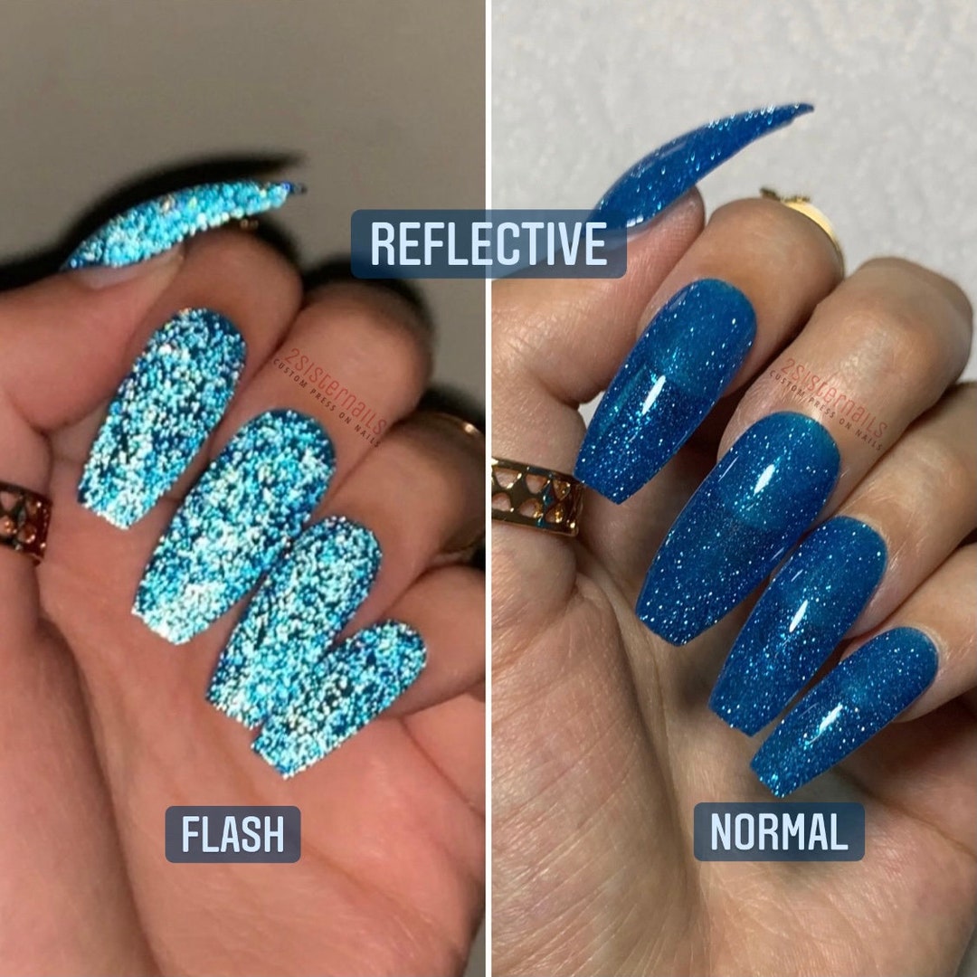 Reflective Press on Nails Flashy Blue Fake Nails Dark Blue Glitter Long ...