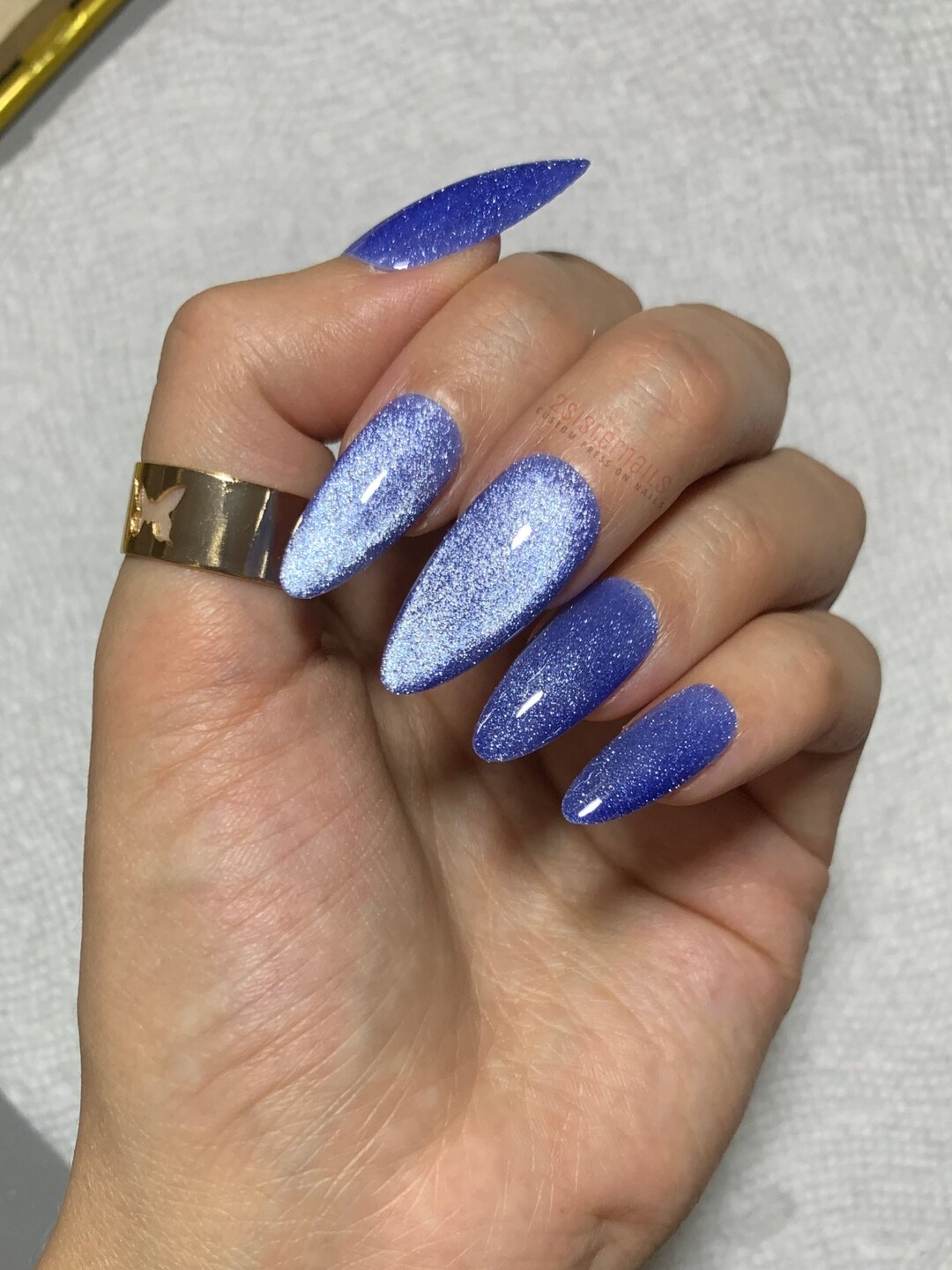 Velvet Glitter Press on Nails Blue Cat Eye Gel Polish Unique Nail Set ...
