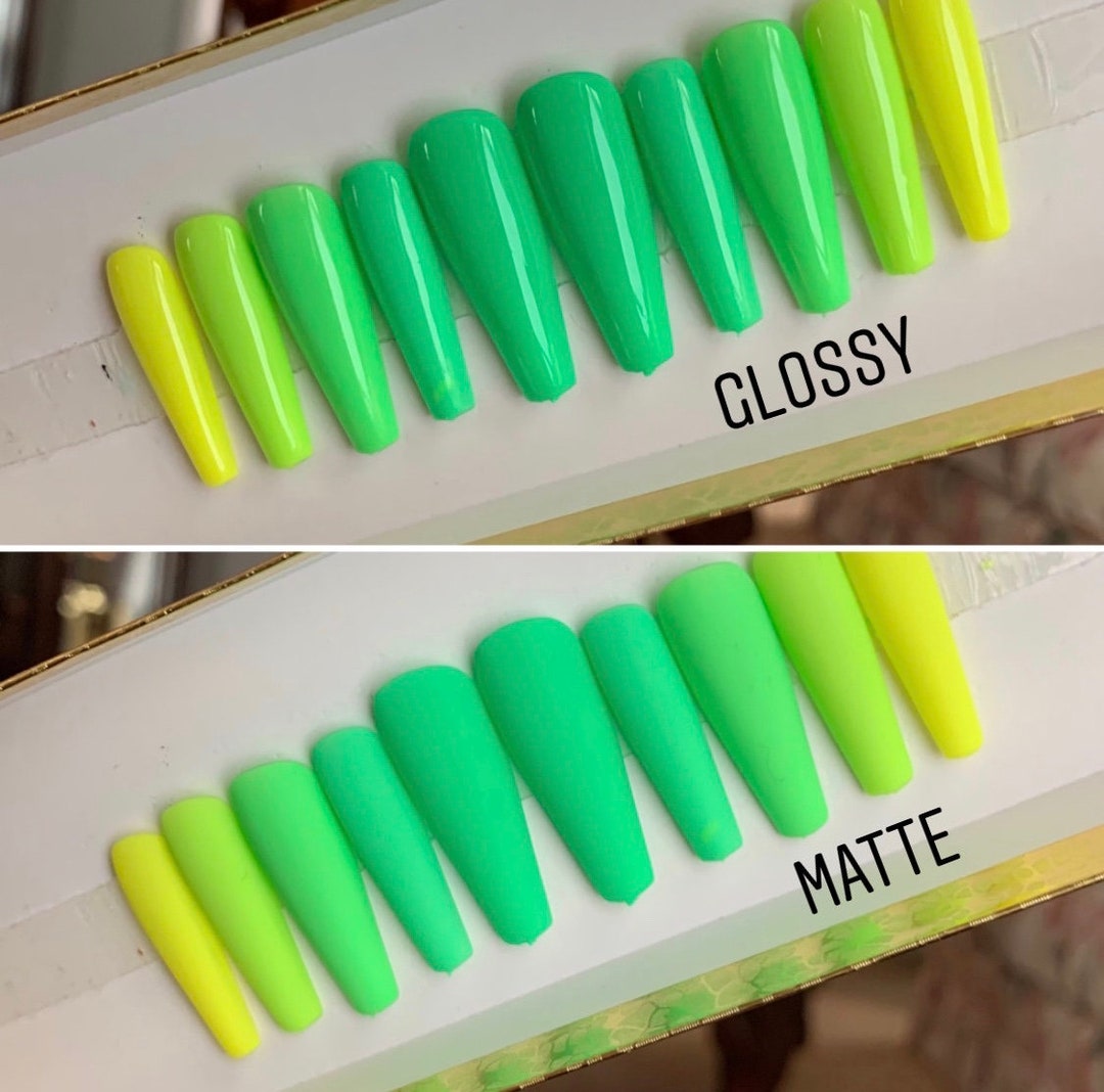 Neon Green Press on Nails Long Coffin XL Shape Ombre Design Custom Gel ...