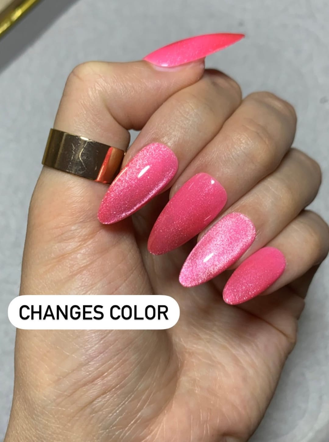 Hot Pink Cat Eye Nails Color Changing Gel Polish Neon Pink Almond Nails ...