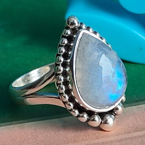 Boho Ring Rainbow Moonstone Sterling Silver Ring Hand - Etsy