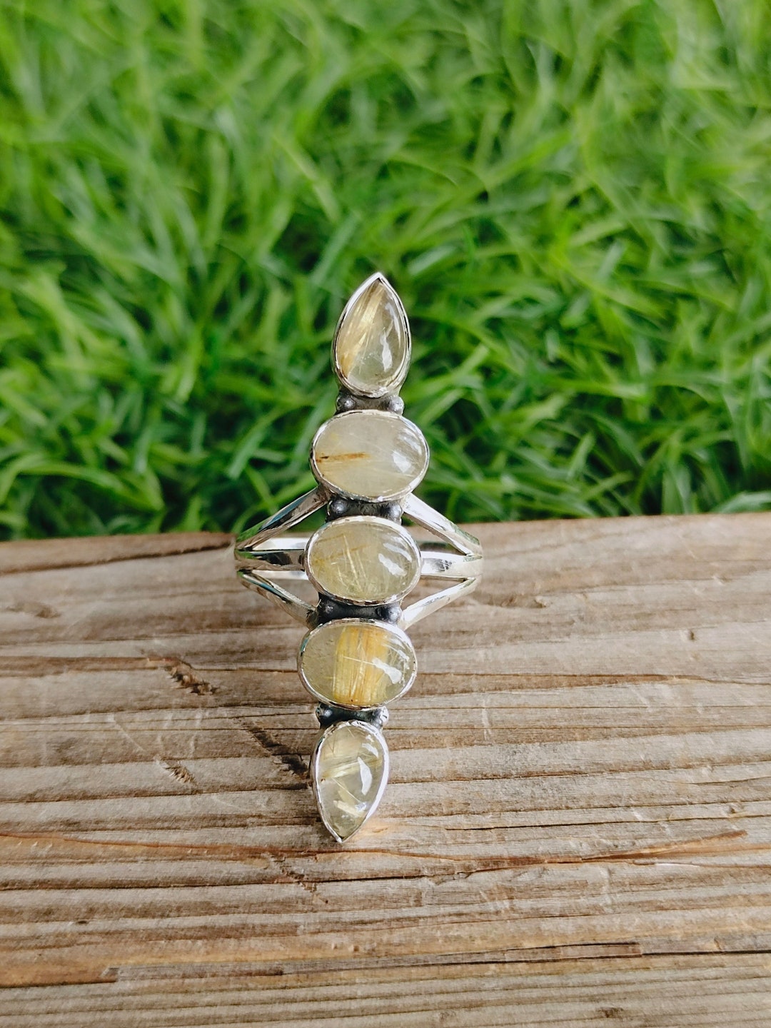 Golden Rutile Triple Stone Ring , Handmade Silver Ring , 925 Sterling ...